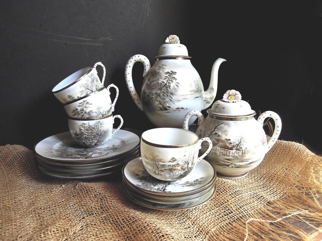 Vintage Teapot Four Cups and Saucers Sugar Luncheon Plates / Hand ...