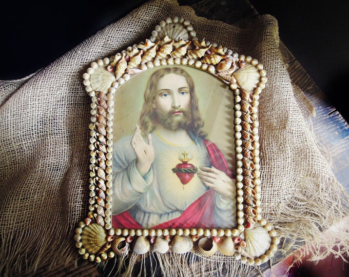 Antique Victorian Picture Lithograph of Jesus Christ Shell Frame ...