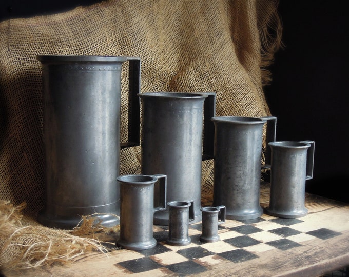 7 Antique French Pewter Measuring Tanker Cups Handled Cups / Litre ...