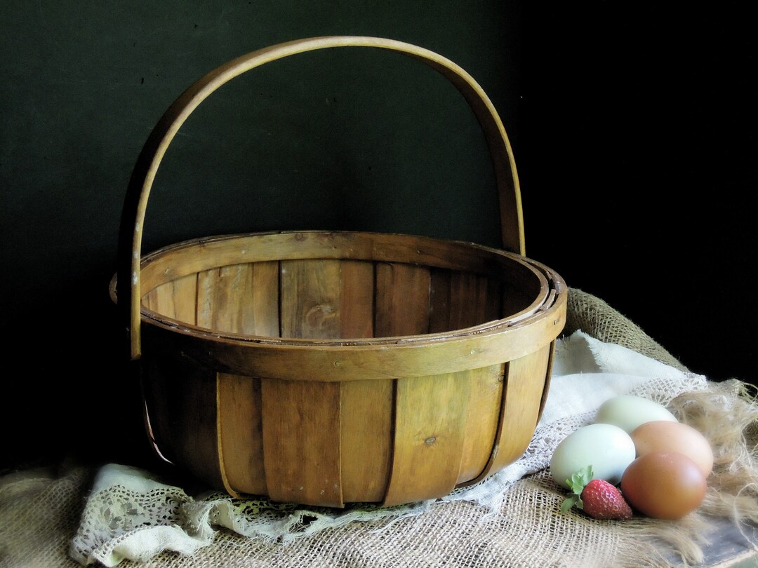 Vintage Large Fruit Basket / Wood Slat Basket / Natural Round Market ...