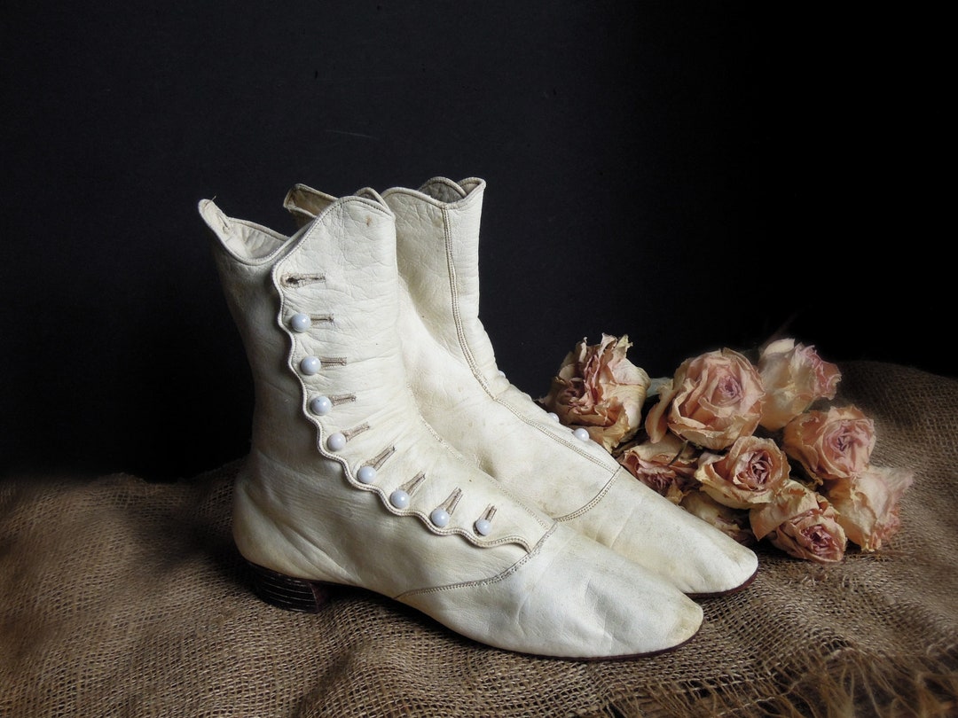 Antique Wedding Button Boot Shoes Victorian Square Toe / Kid Leather ...