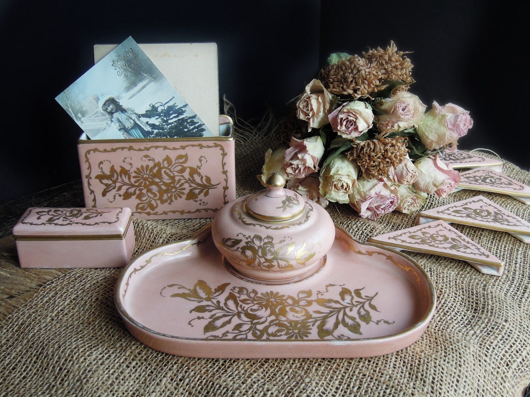 Antique French Pink Inkwell Desk Set / French Desktop Set Stamp Box ...