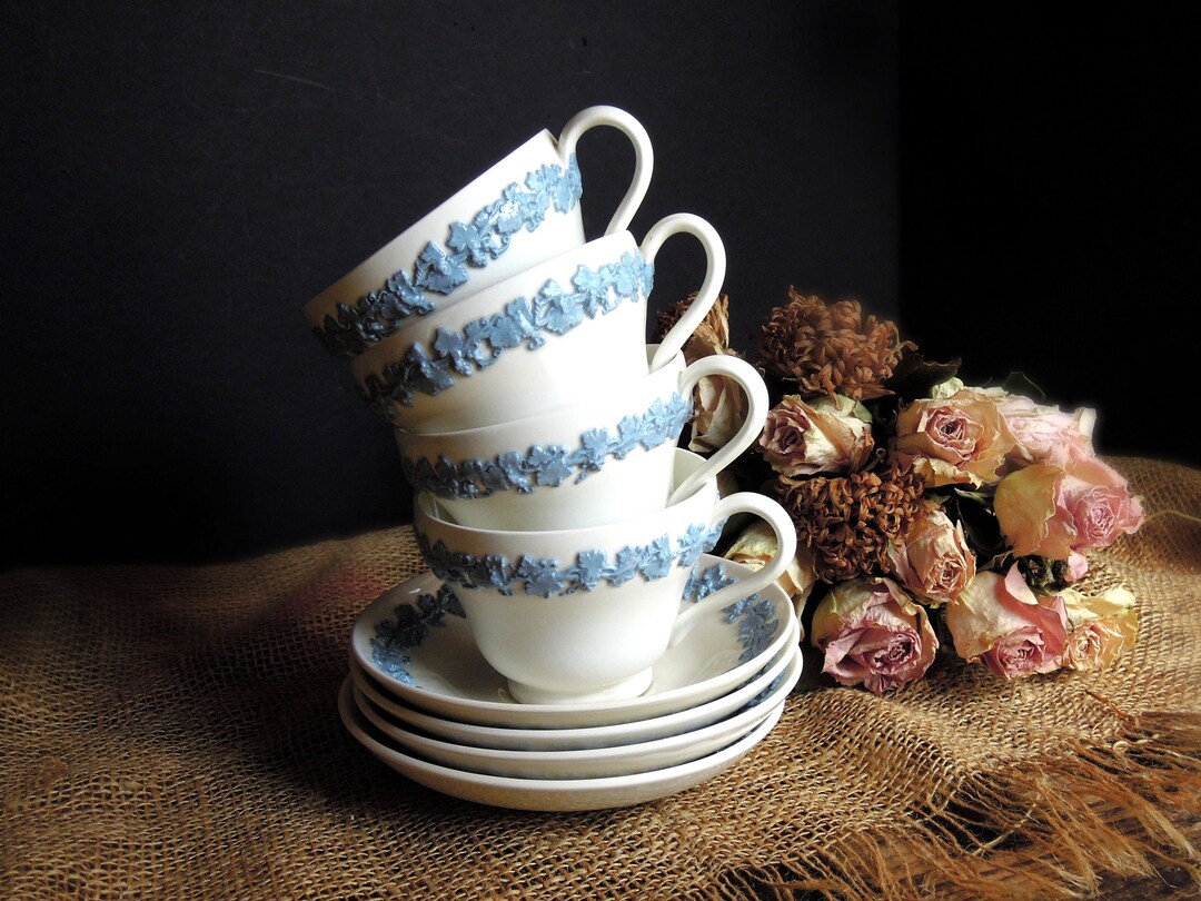 Set of Four Antique Cups English Cream & Blue Wedgwood Cups and Saucers ...
