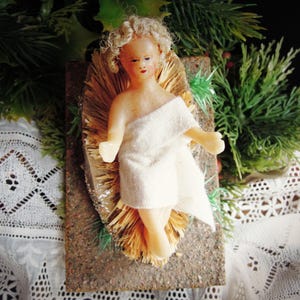 Antique Wax Baby Jesus Nativity Figurine in Manger / Religious Figurine ...