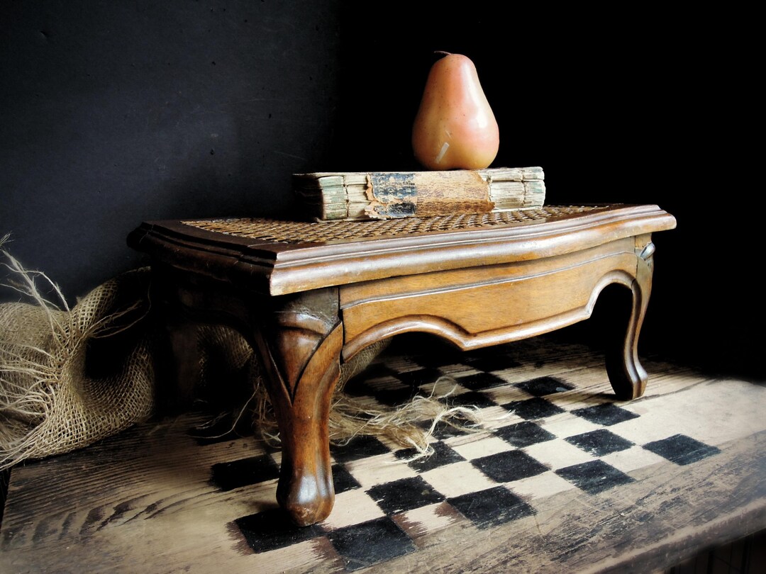 Antique Caned Footstool / Rectangular Wood Stool / Slipper Stool ...