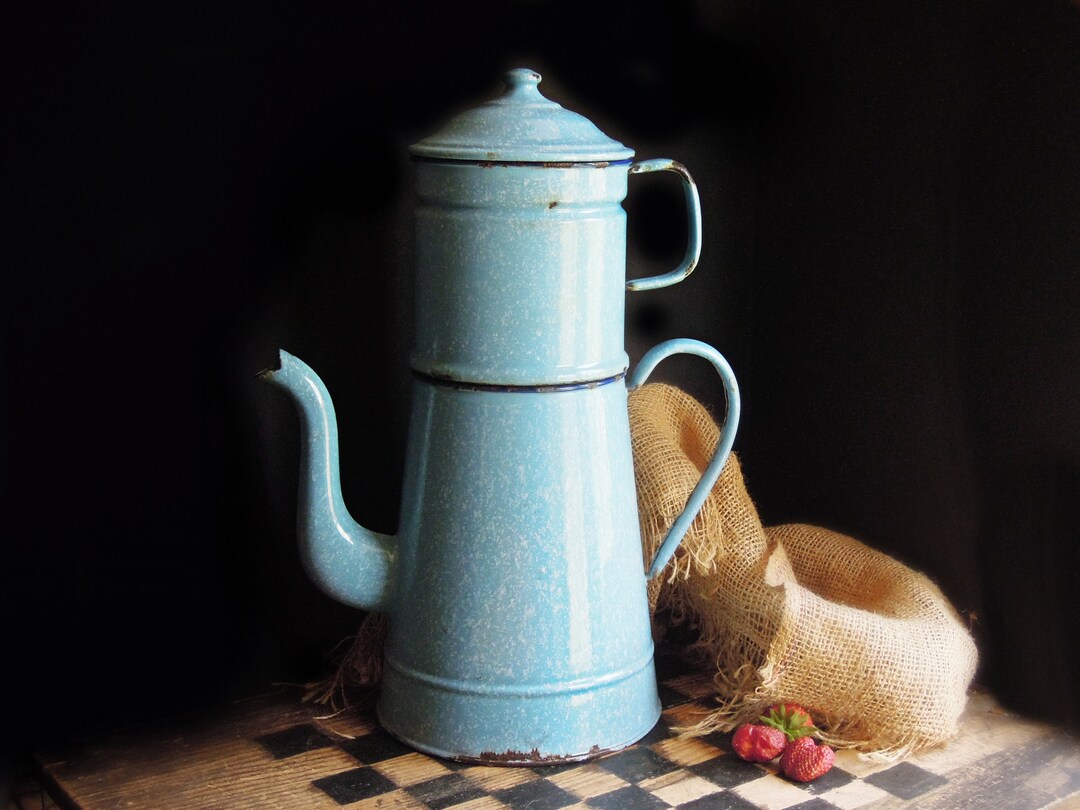 Vintage Belgium Enamelware Coffee Pot Coffee Biggin / Huge Blue ...
