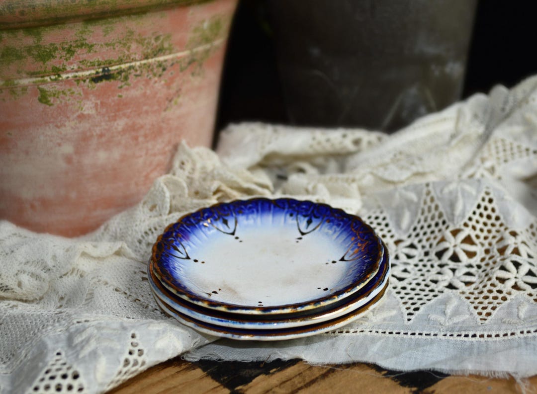 Three Antique Butter Pats / Antique Blue and White English Victorian ...