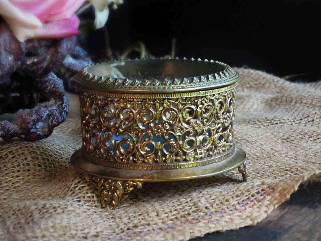 Vintage Filigree Trinket / Round Jewelry Box / Gold Tone Metal Blue ...