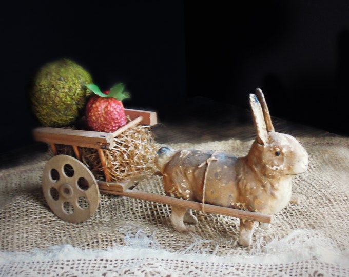 Antique Paper Mache Wood Leg German Bunny Rabbit and Cart / Easter ...
