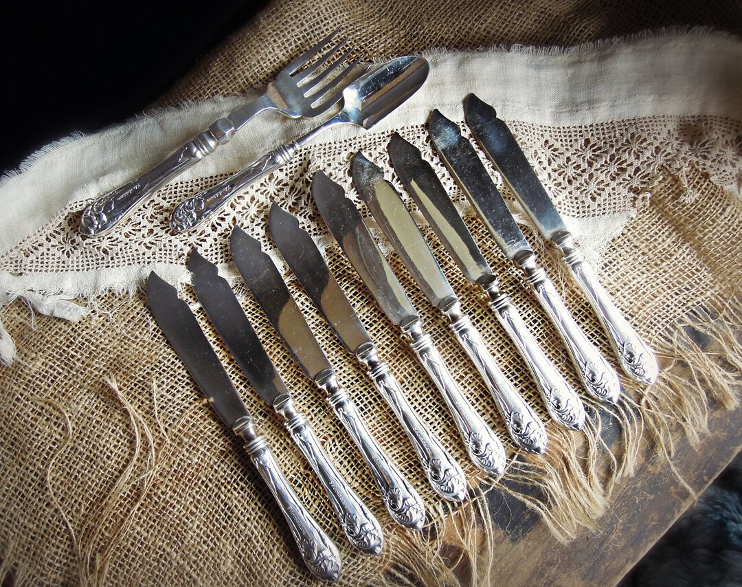 Ten Antique Victorian Silver Plate Fish Knives Serving Spoon Fish Fork ...