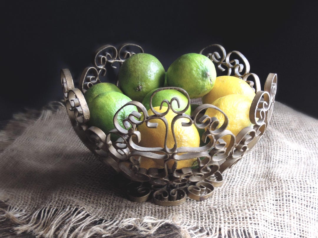 Vintage Gold Curled Metal Pedestal Basket / Egg Basket / Country Basket ...