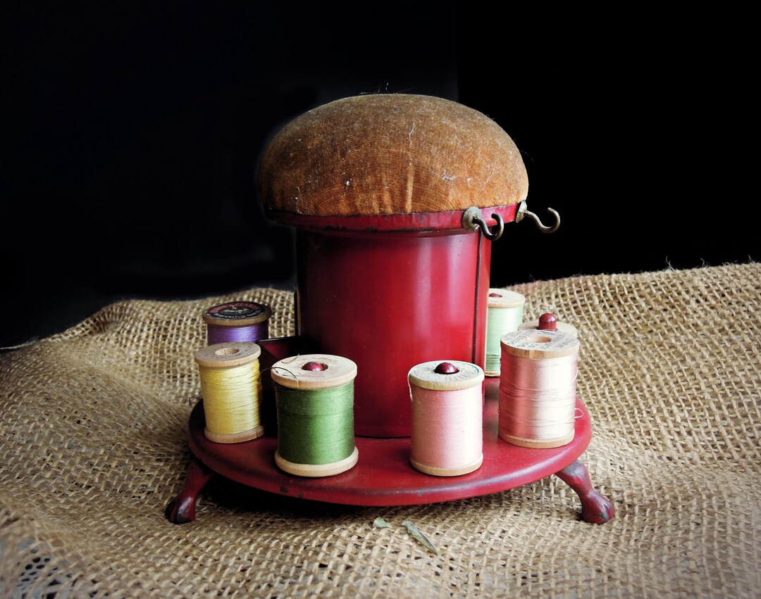 Antique Pincushion Antique Thread Spool Holder / Red Metal Red Velvet ...
