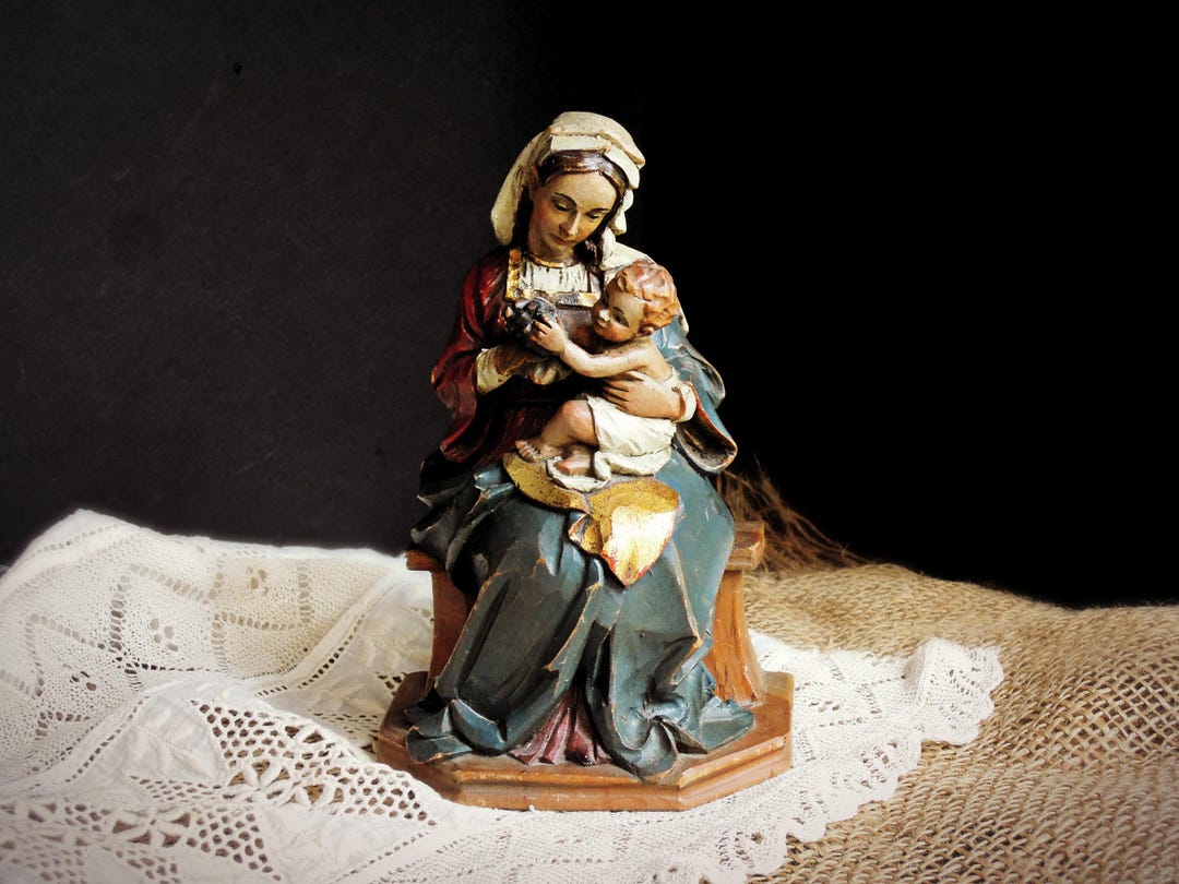 Vintage Demetz Madonna of the Grapes Figure / Hand Carved Wood Seated ...