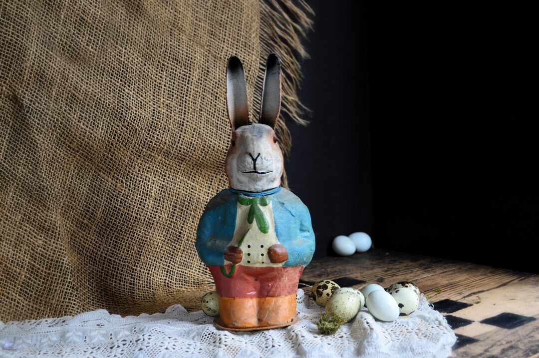 Antique German 10" Papier-mache Rabbit With Basket Papier-mâché Candy ...