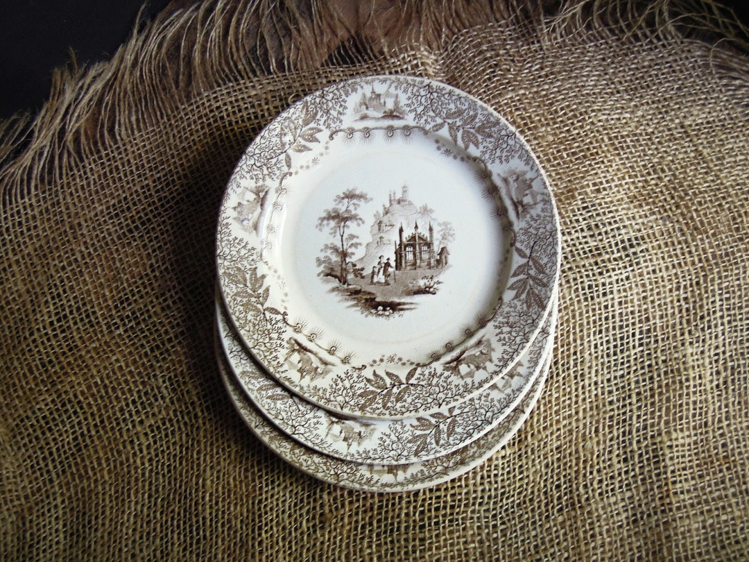 Three Antique Brown Transferware Plates / Mini Wall Collection ...