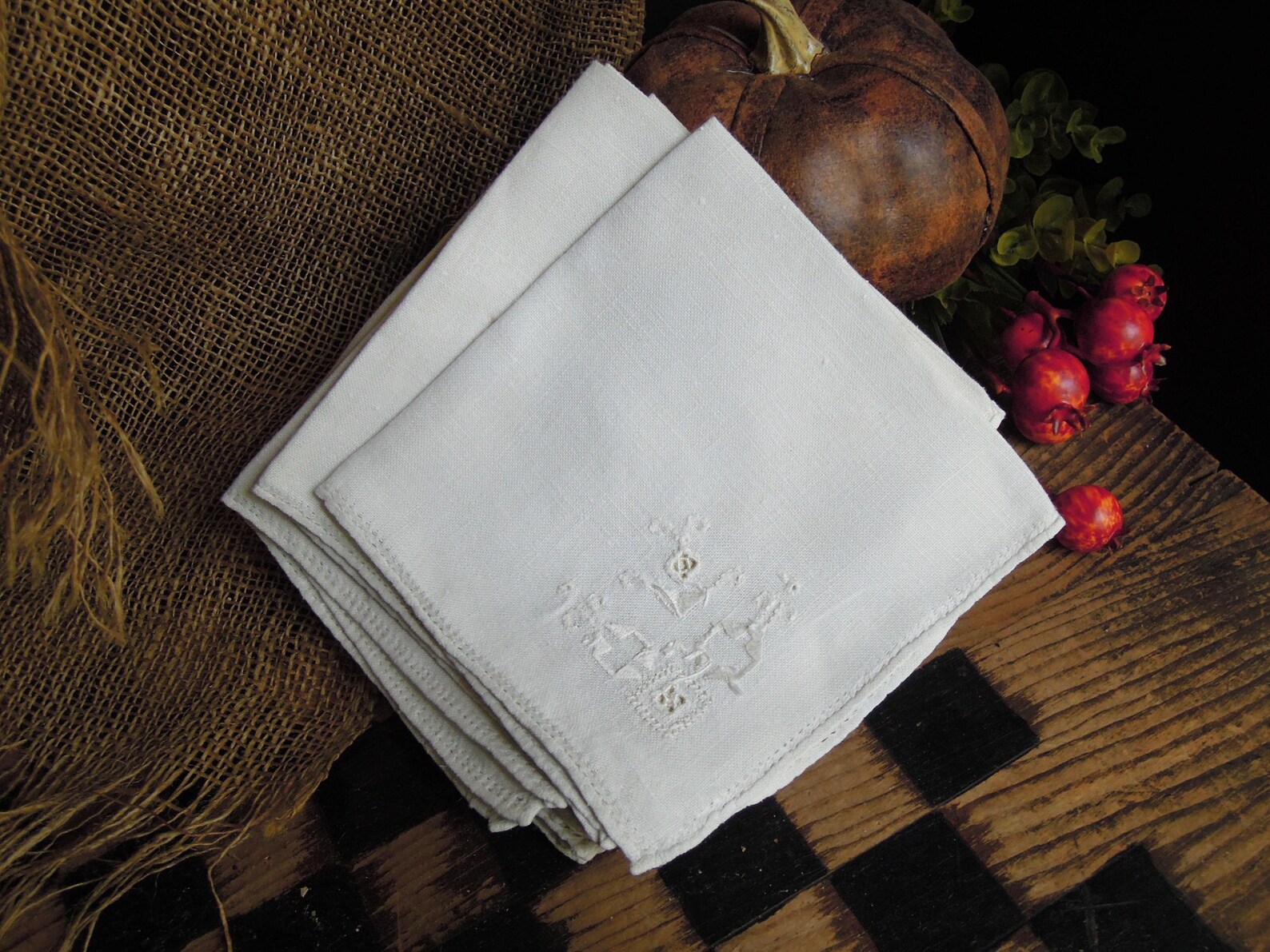 Ten Antique Napkins Linen Cut Work Embroidered Napkins / White Cotton ...