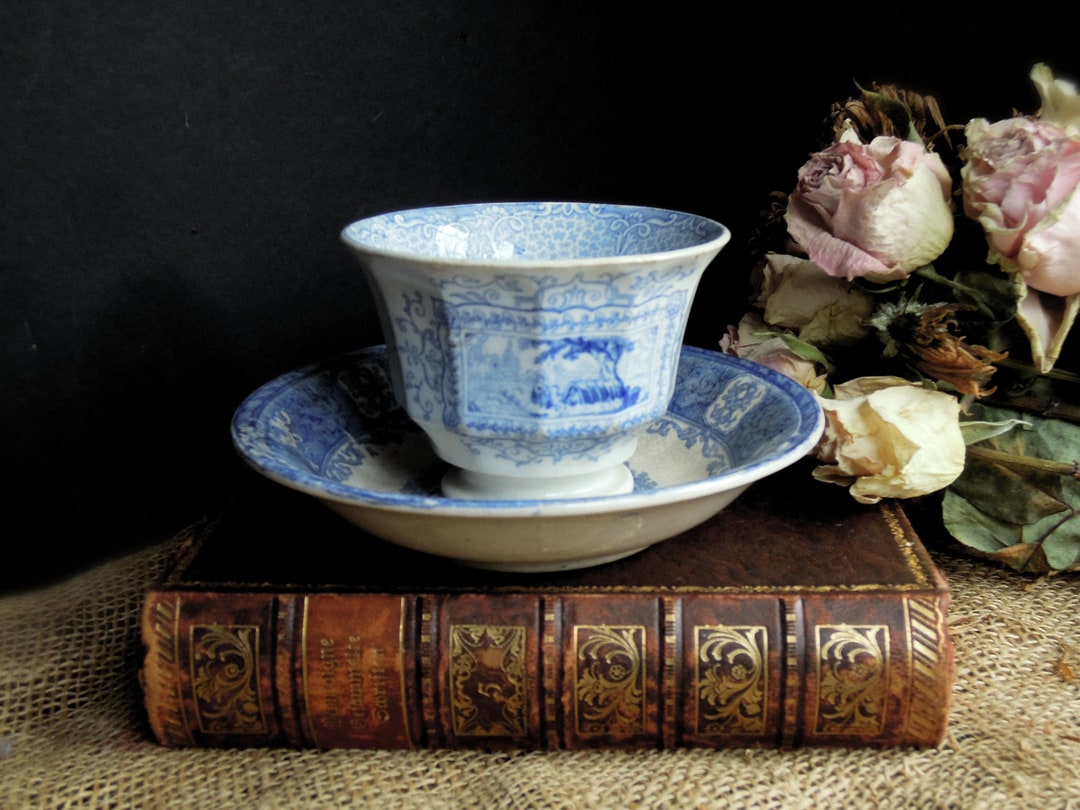 Antique Blue Transferware English Ironstone Cup and Saucer Panama ...