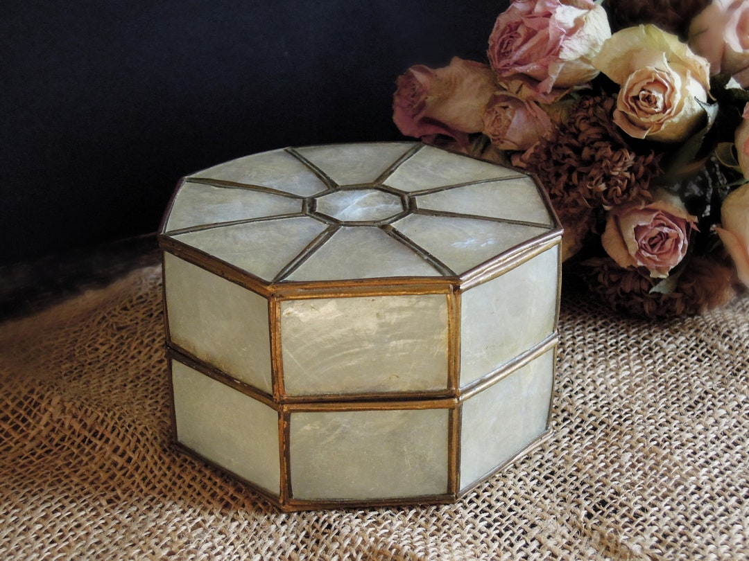 Vintage Brass and Capiz Shell Box or Display Box / Octagon Box ...
