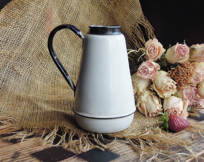 Vintage Enamel Jug / Graniteware / Enamelware White & Black Handled Pot ...