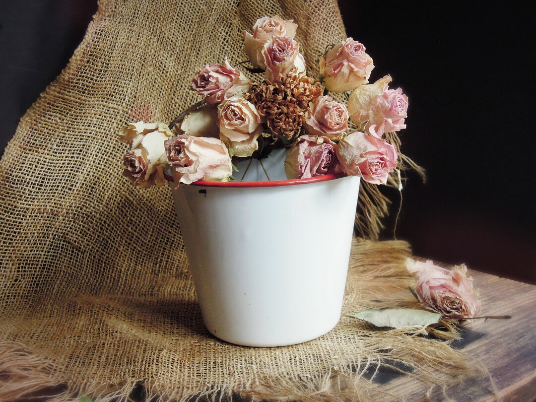 Vintage Small Red and White Enamel Pot Bucket / Rustic Kitchen Chippy ...