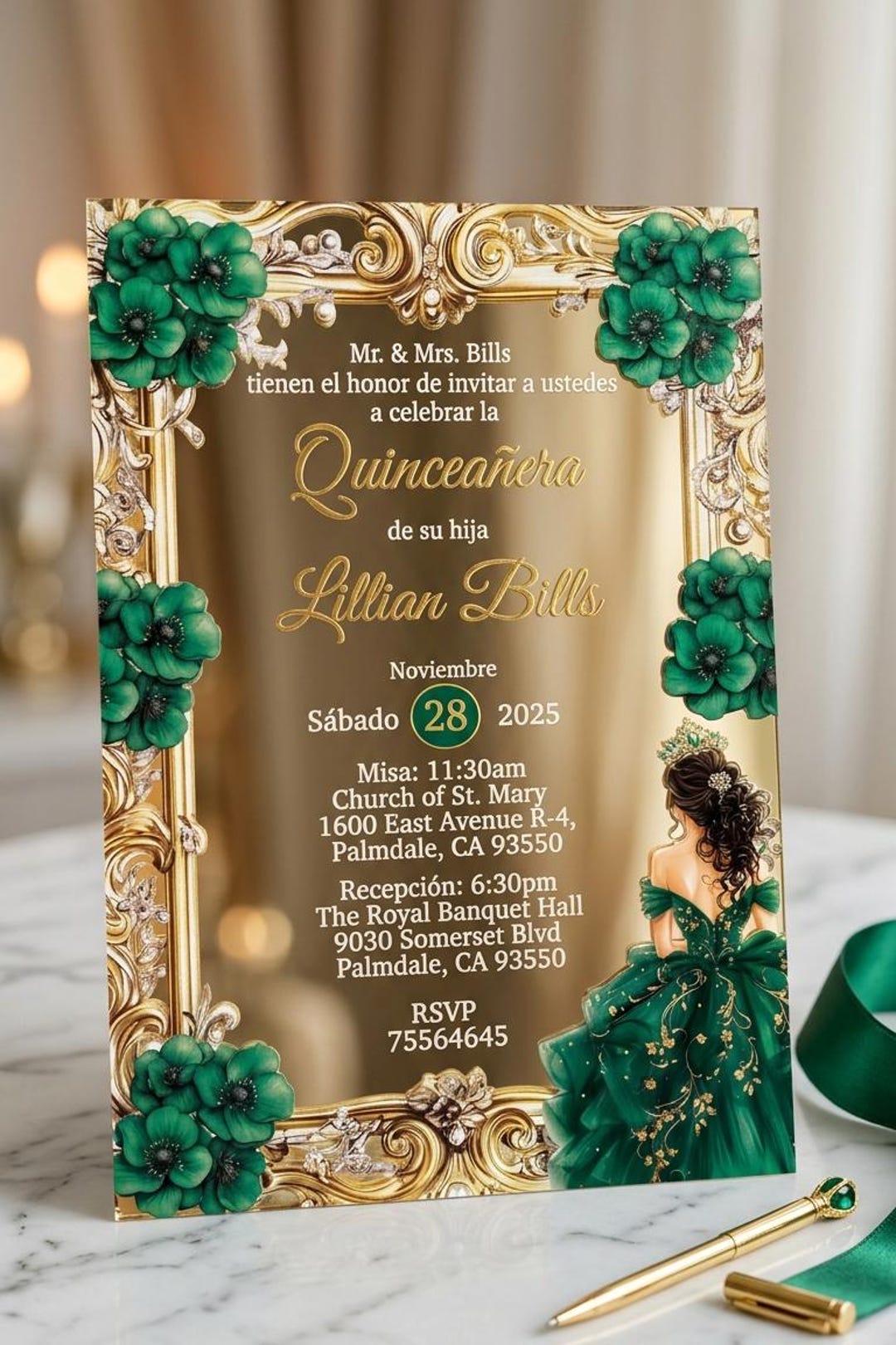 Mirror Invitation for Quinceanera, Emerald Green Sweet 16 Invitations ...
