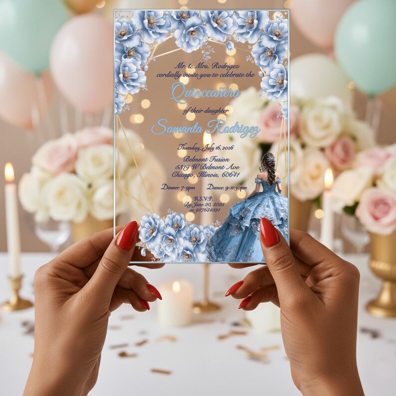 Dusty Blue Invitation Quinceanera Acrylic Invitation, Clear Invite for ...