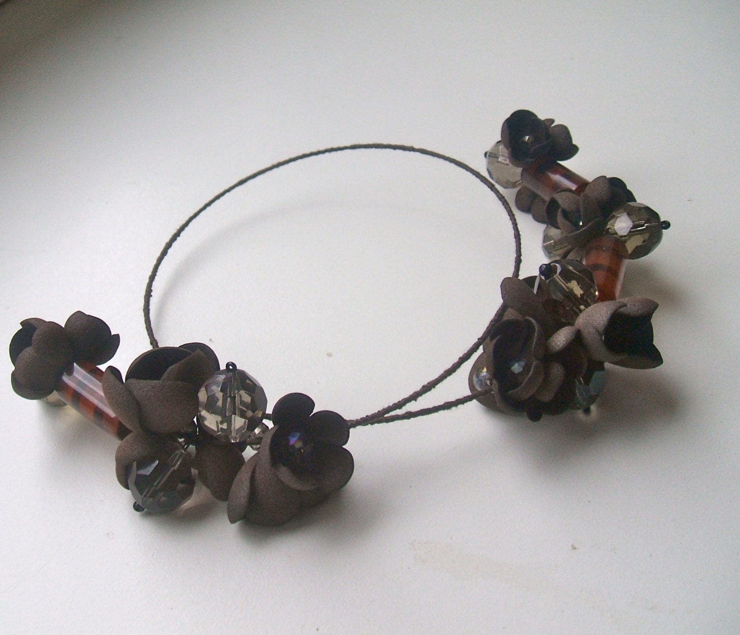 Memory Wire Necklace With Brown Flowers and Glass Beads Brown Necklace ...