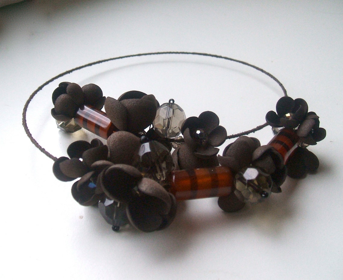 Memory Wire Necklace With Brown Flowers and Glass Beads Brown Necklace ...