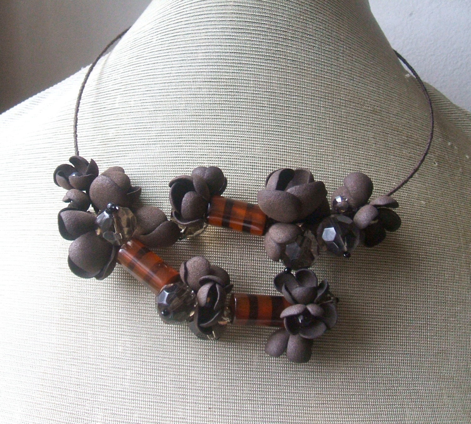 Memory Wire Necklace With Brown Flowers and Glass Beads Brown Necklace ...