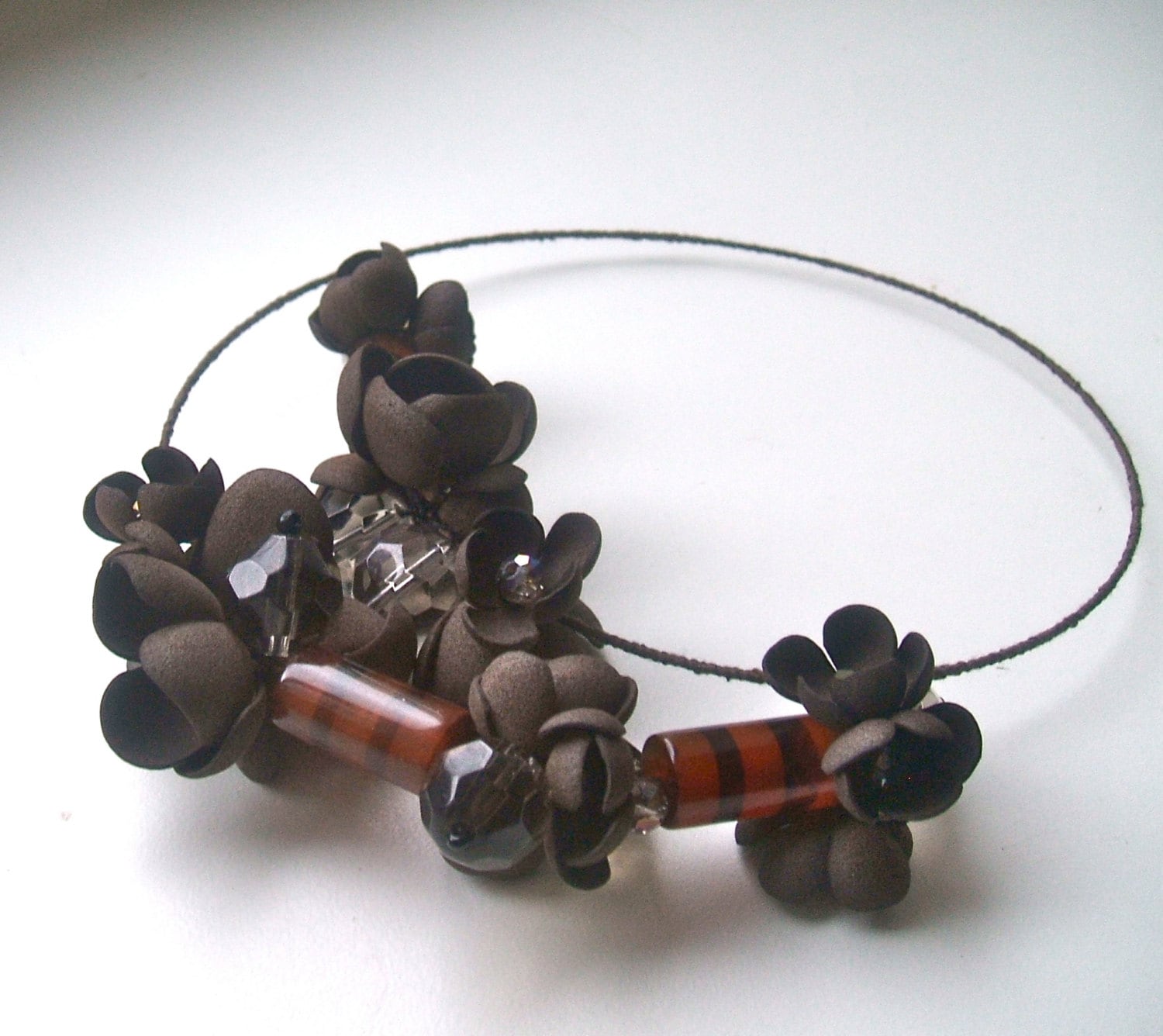 Memory Wire Necklace With Brown Flowers and Glass Beads Brown Necklace ...