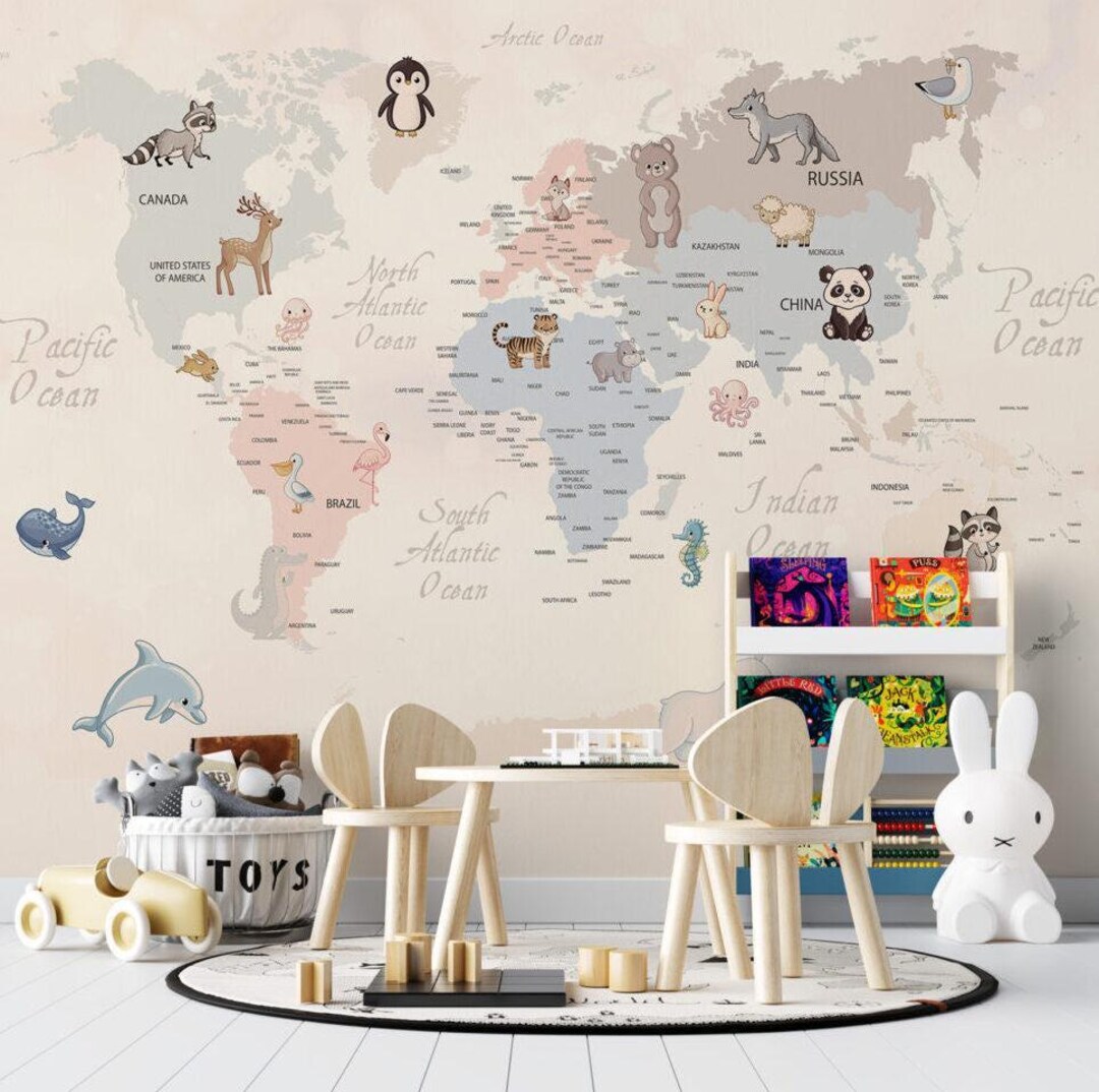 World Map Animal Mural - Etsy