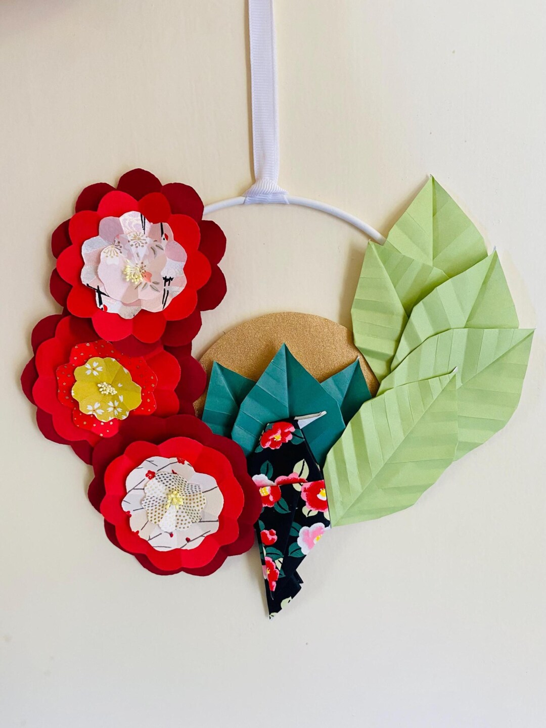 Wreath of Peonies, Leaves and Bird in Origami and Japanese Paper, Red ...