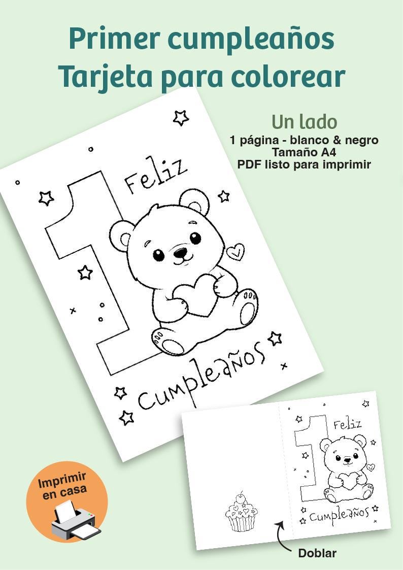 Printable First 1st Birthday 'feliz Cumpleaños' Colouring Card ...
