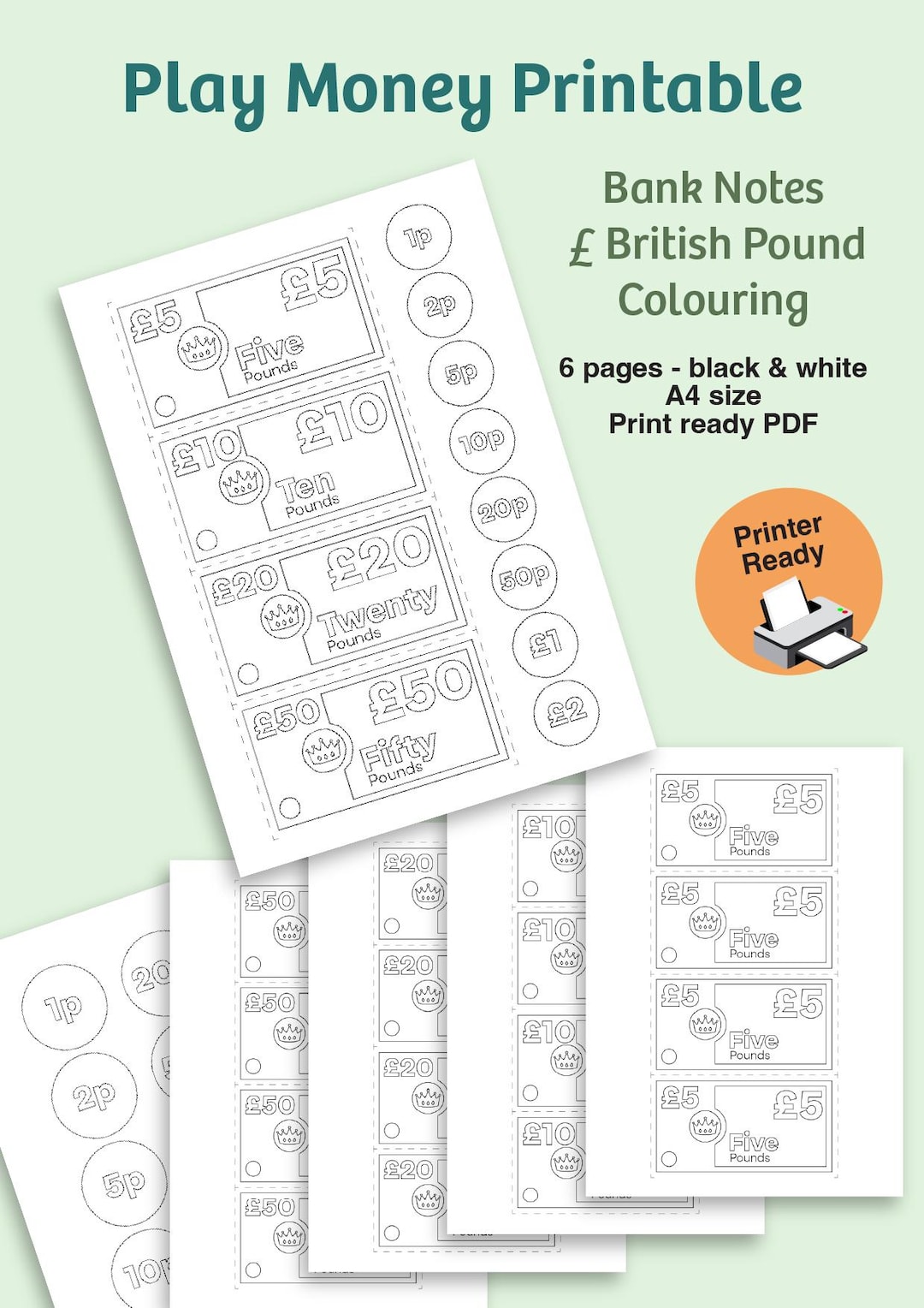 Play Money Colouring Pages Printable, Pretend Play, Money Literacy ...