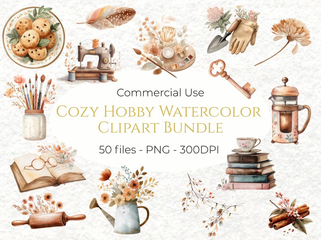 Cozy Hobby Watercolor Clipart Bundle | Knitting, Reading & Craft | PNG ...