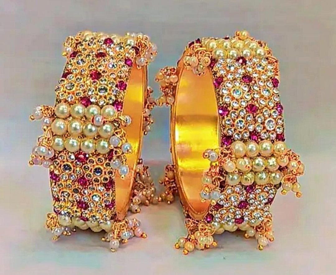 Luxury Indian Wedding Bangles – Gold Finish With Pearl and Diamond ...