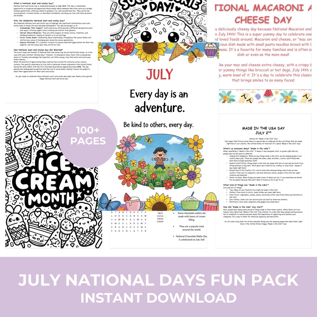 July National Days Fun Pack | Printable Calendar With Activities ...