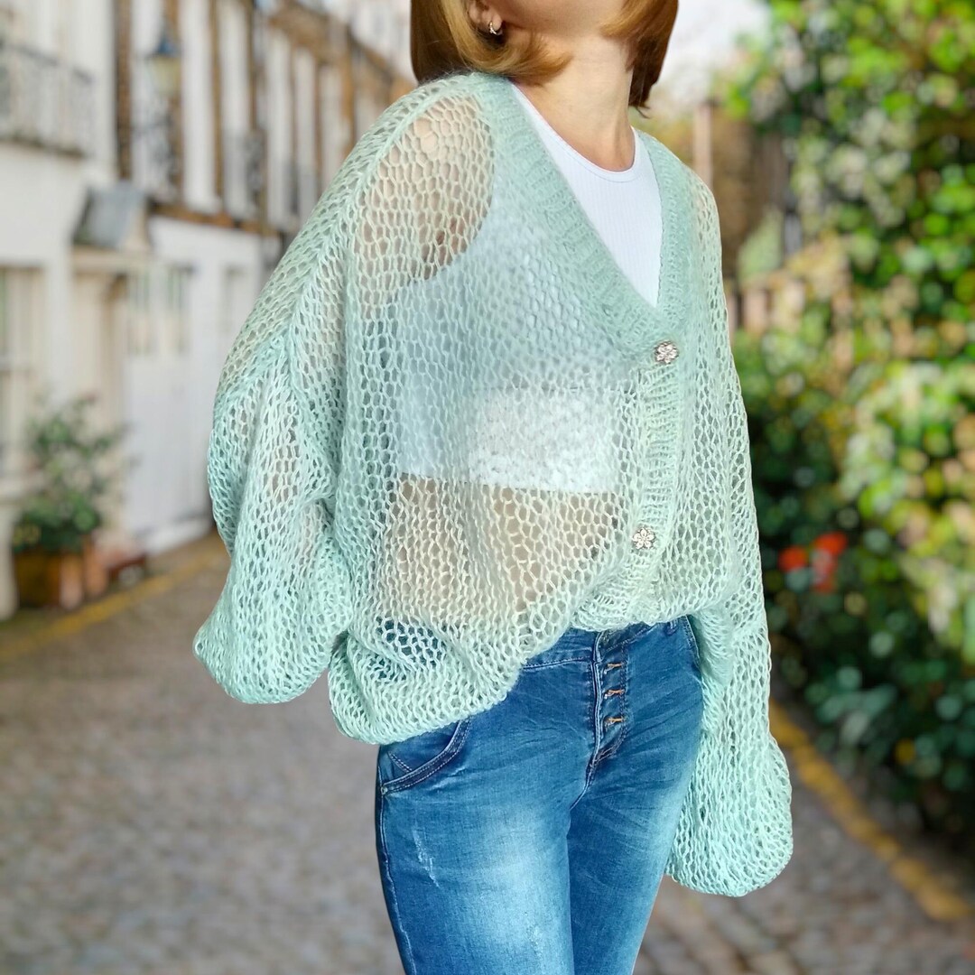 Light Mint Mohair Cardigan – Oversized Loose Knit Summer Sweater ...