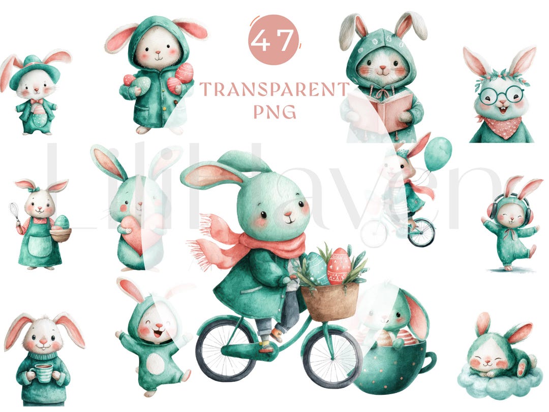 Easter Bunny Watercolor Clipart | 47 PNG Banner | Cute Rabbits With ...
