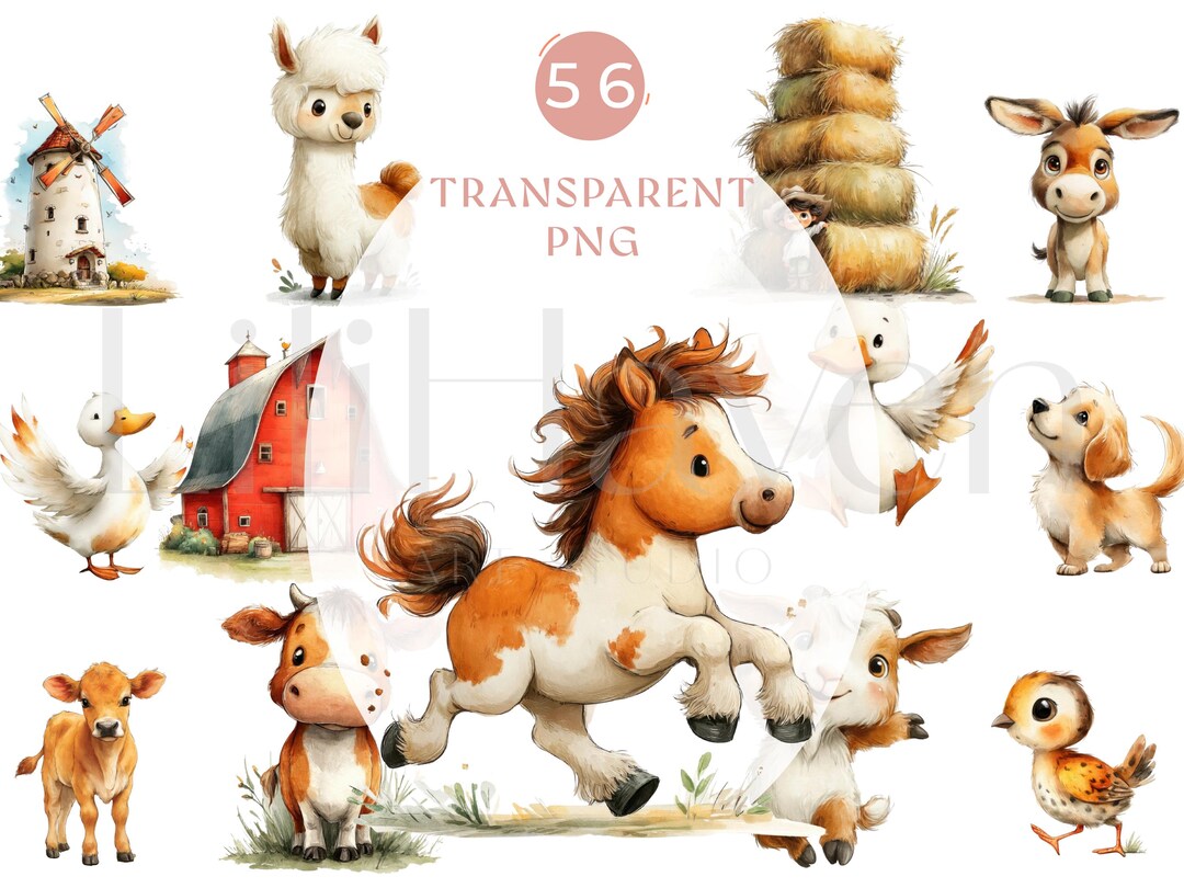 Farm Animals Watercolor Clipart Set, 56 PNG, Cute Barnyard Animals ...