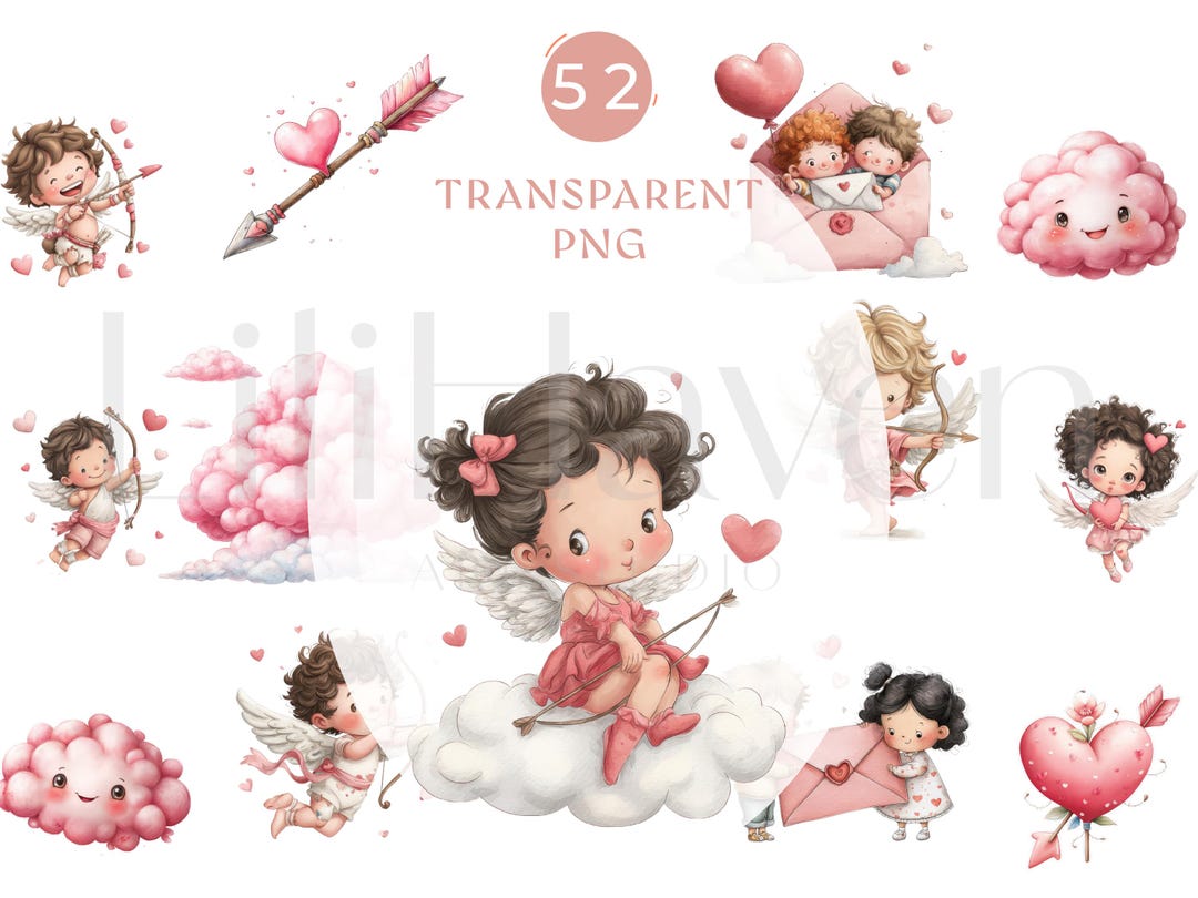 Valentine Cupid Clipart Bundle – Cute Watercolor Angels, Hearts & Love ...
