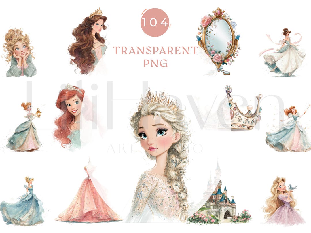 Princess Watercolor Clipart Set | 104 PNG Fairytale Castle, Crown ...