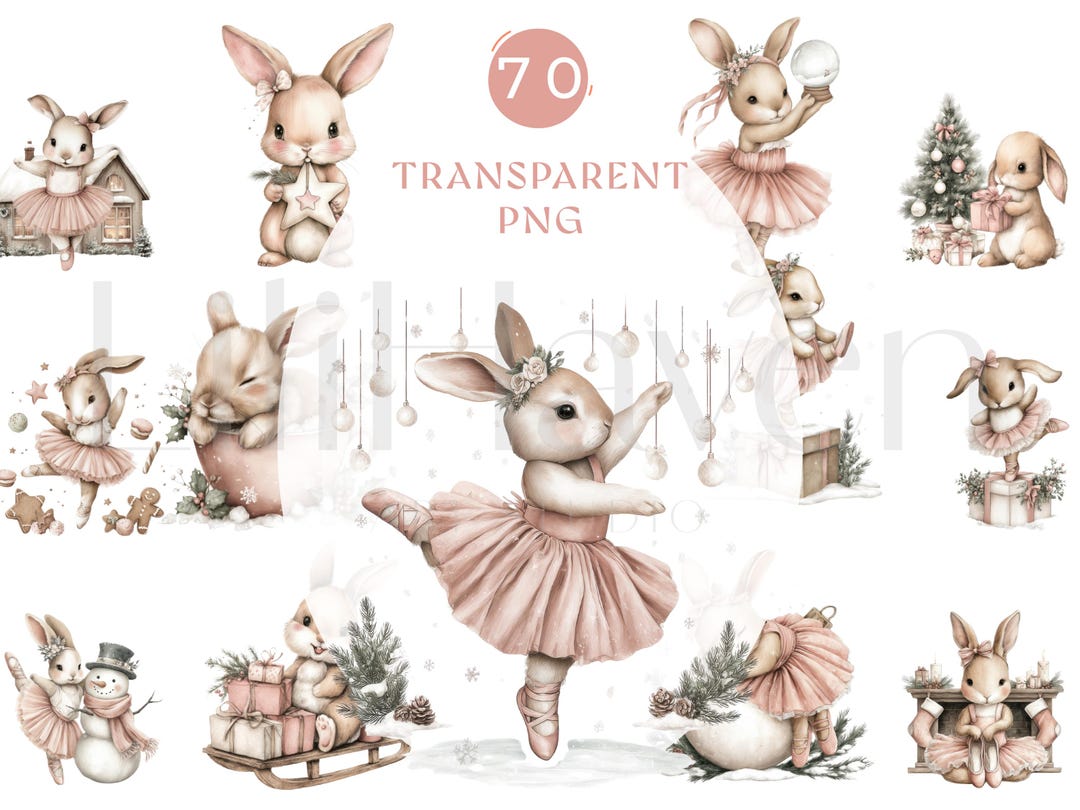 Winter Bunny Clipart | 70 PNG Watercolor Christmas Rabbit Illustrations ...
