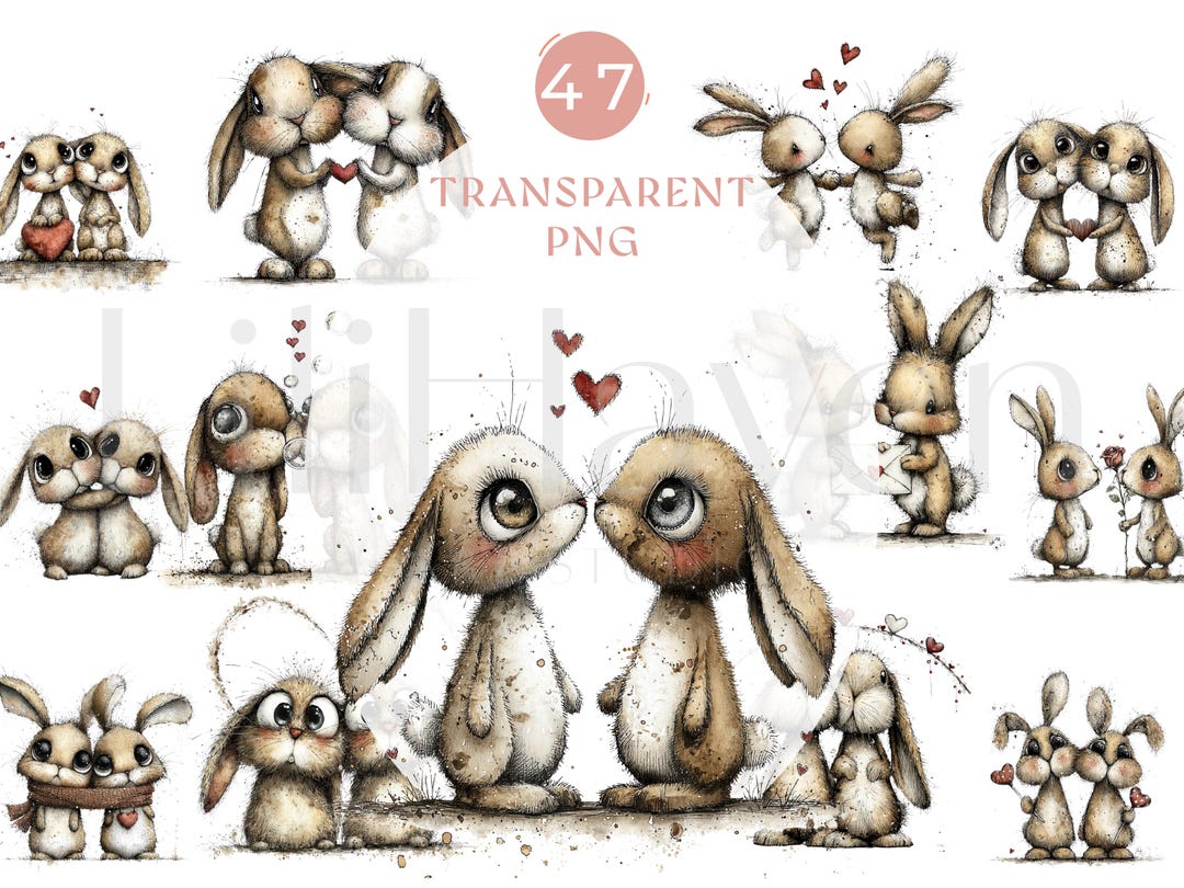 Whimsical Valentine Bunnies Clipart • 47 PNG • Cute Romantic Rabbits ...
