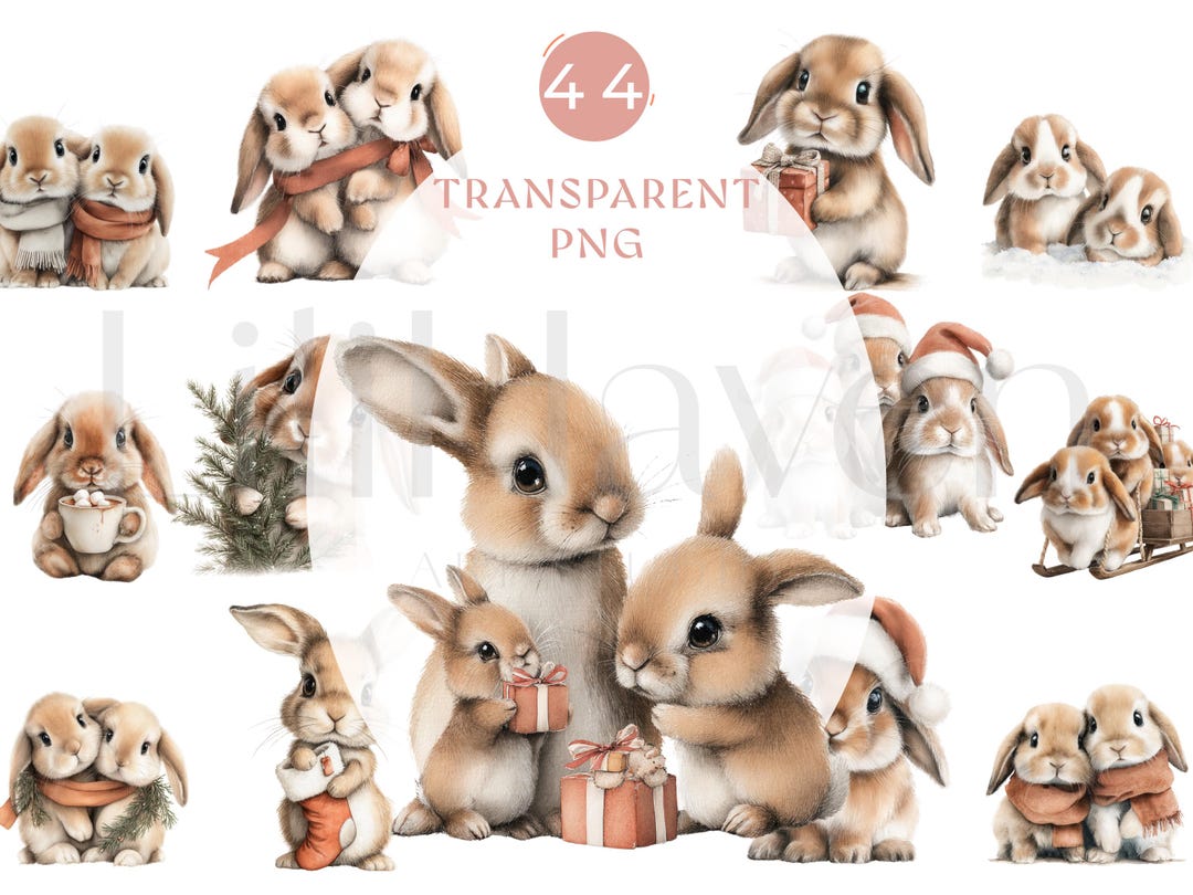 Cute Christmas Bunny Clipart Set • 44 PNG • Winter Bunny Illustrations ...