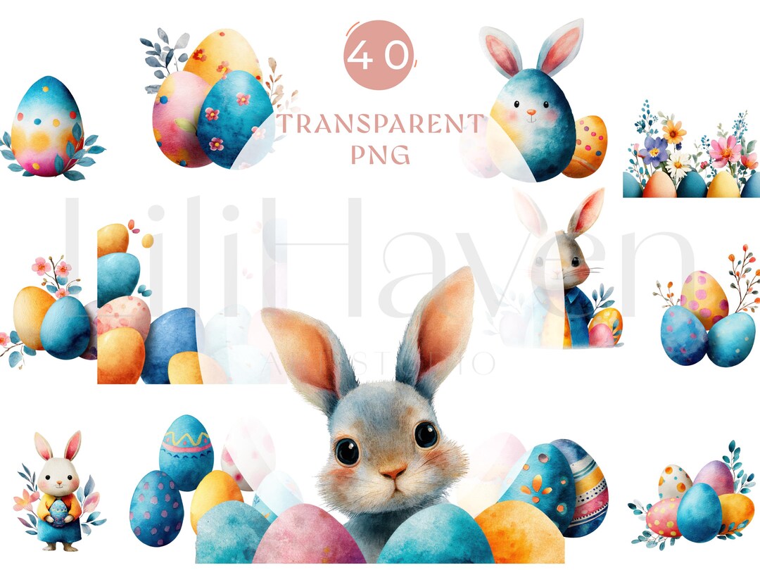 Watercolor Easter Bunny Clipart Set – Cute Rabbits, Eggs & Spring ...