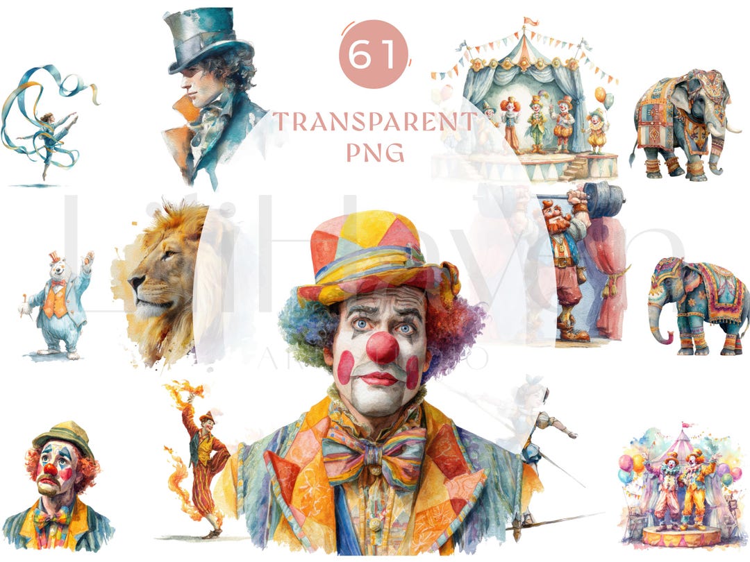 Circus Watercolor Clipart Set, Vintage Circus Characters & Animals PNG ...