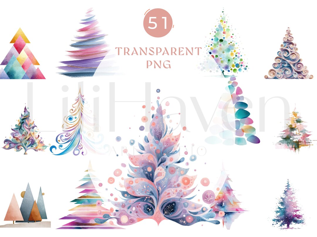 Abstract Christmas Tree Clipart Set | Watercolor Modern Holiday PNG ...