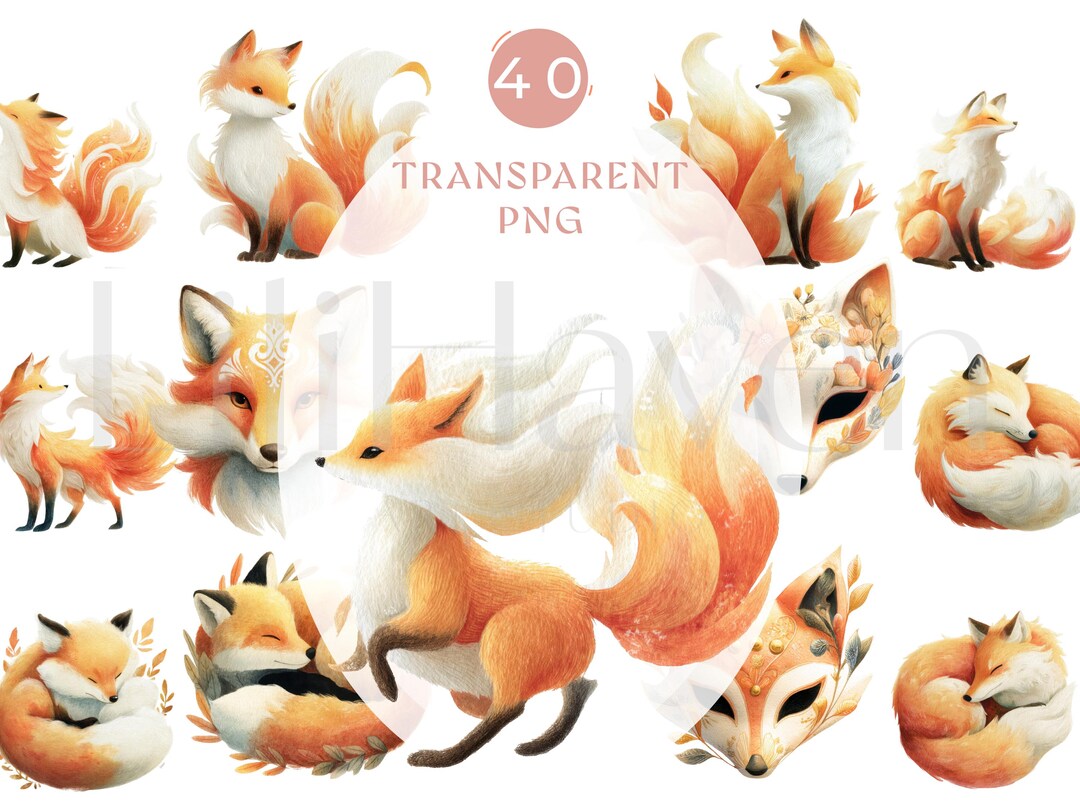 Kitsune Clipart Set | 40 PNG Transparent Background | Mystical Japanese ...