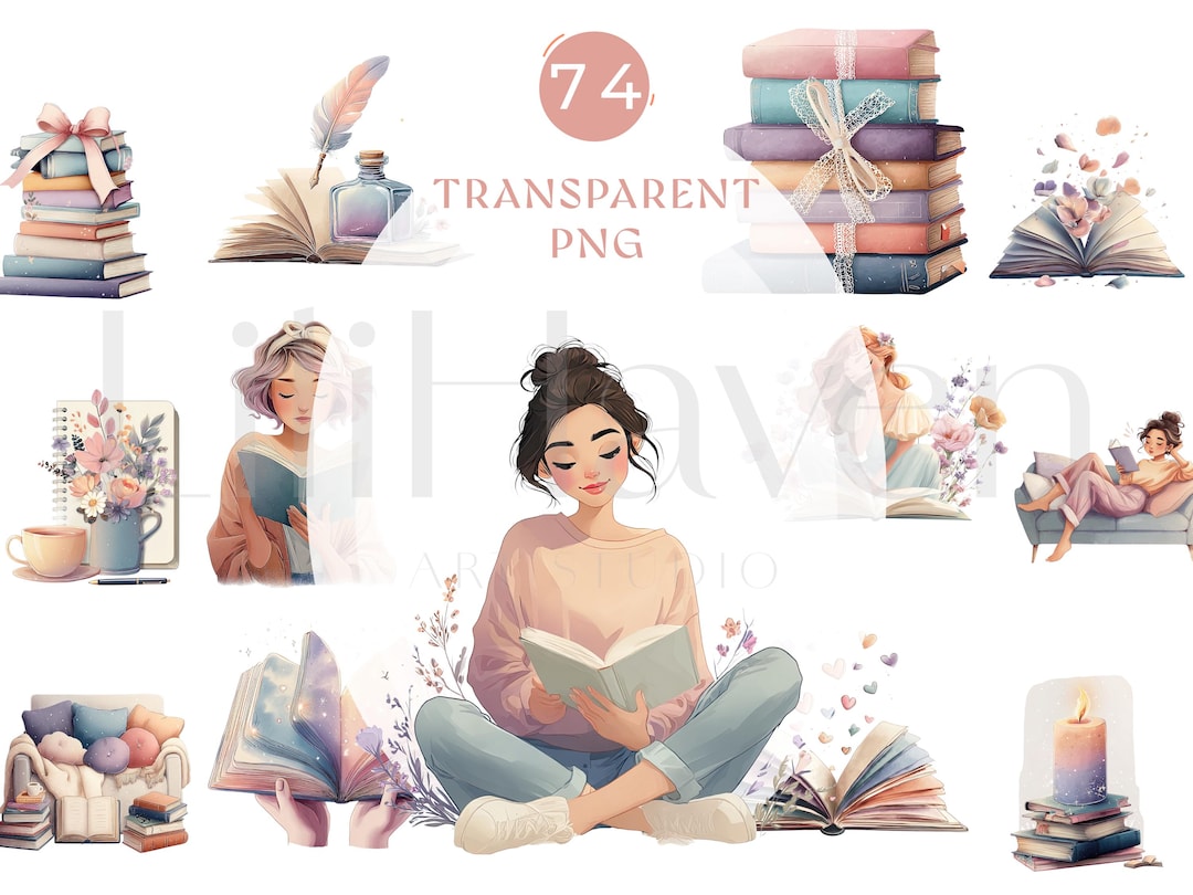 Romantic Bookish Clipart | 74 PNG Cozy Reading Watercolor Illustrations ...